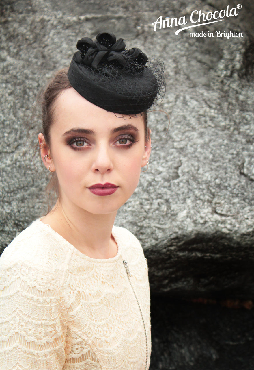 Black Silk Coquette Pillbox with Handmade Flowers – Anna Chocola